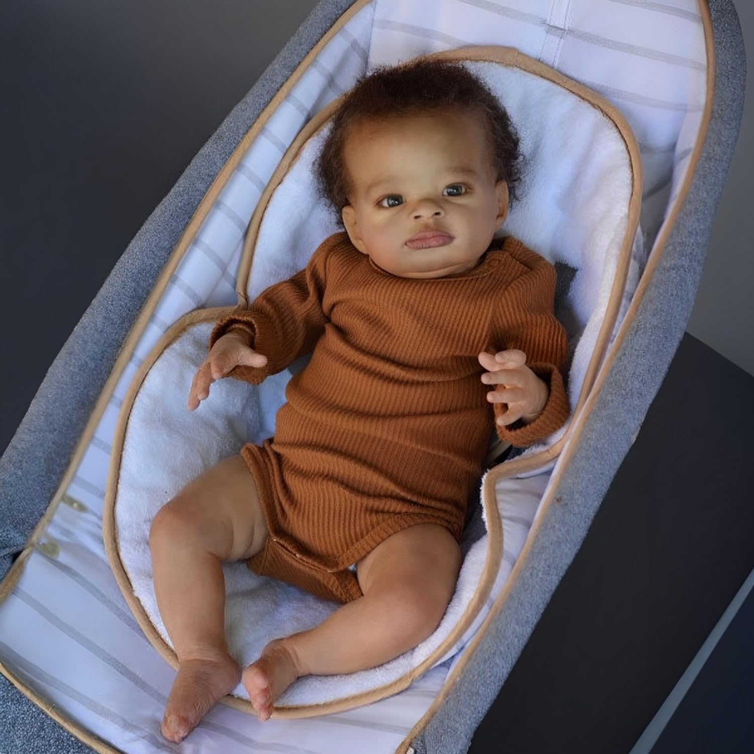 20 Inches Open Eyes Dark Skin Curly Hair Reborn Doll in Brown Clothes ...