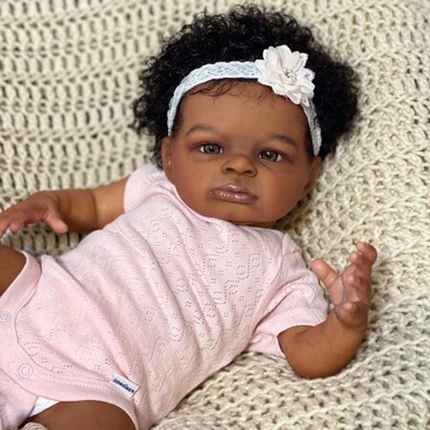 20 Inches Open Eyes Dark Skin Curly Hair Reborn Doll in Pink Clothes ...