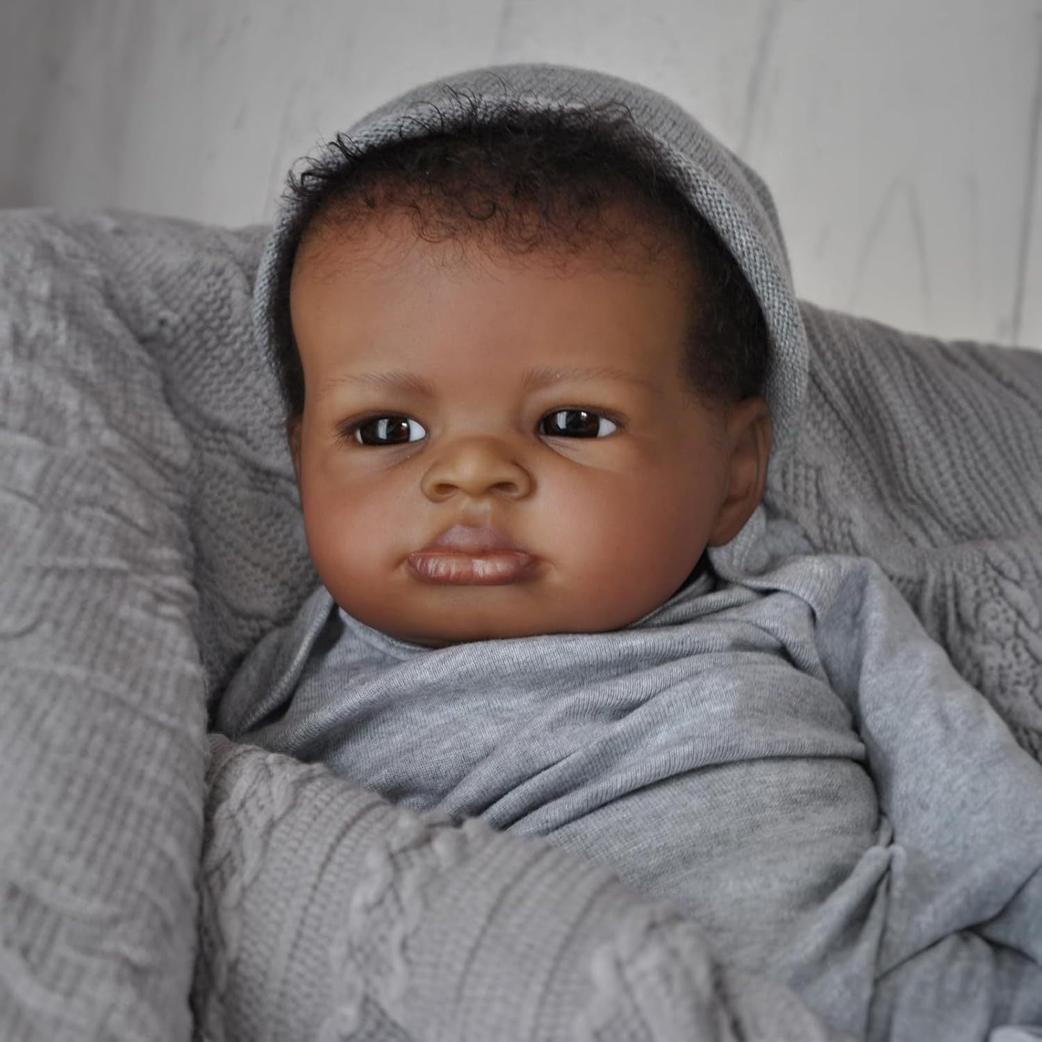 20 Inches Open Eyes Dark Skin Curly Hair Reborn Doll in Gray Clothes ...